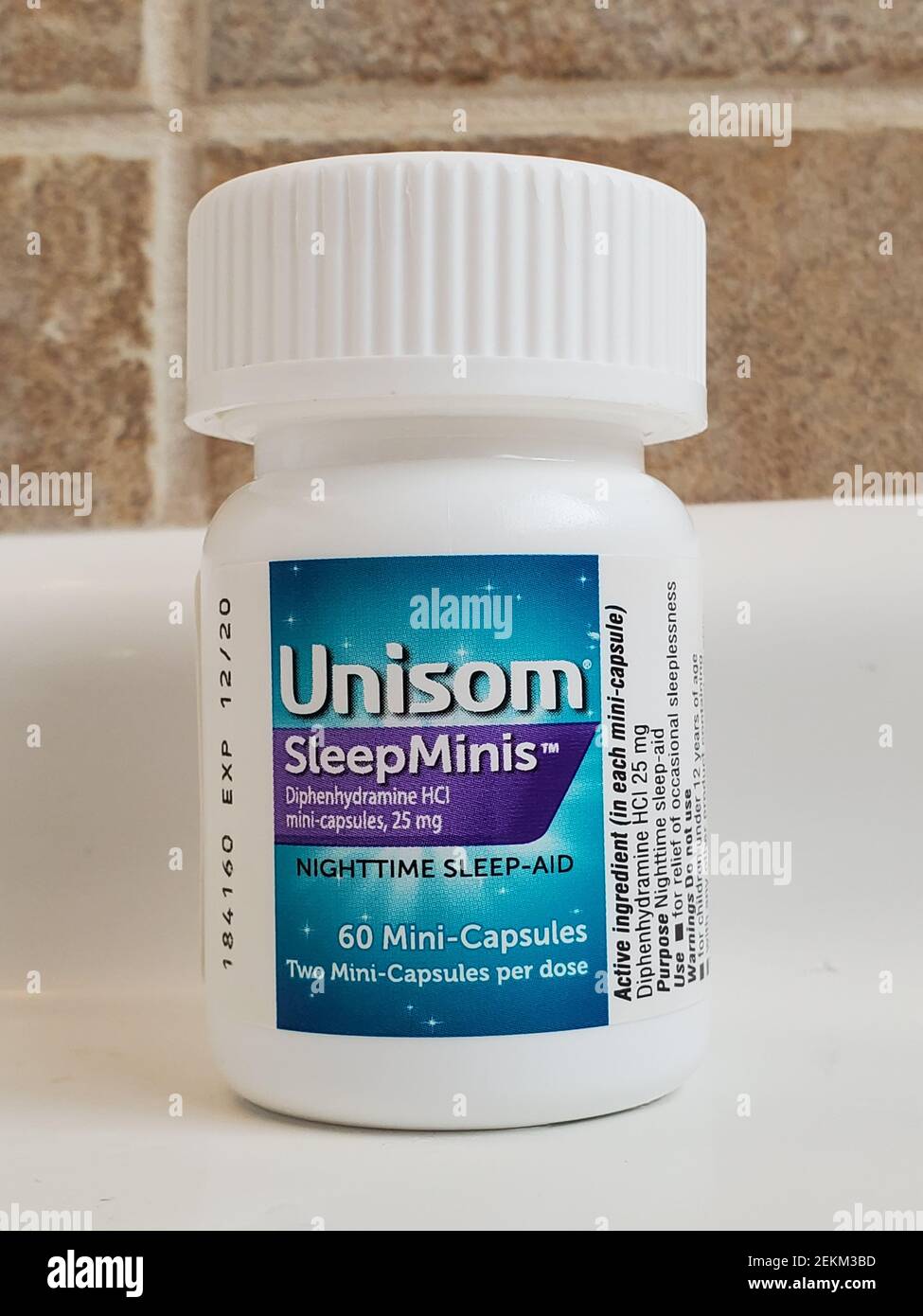 Close-up of Unisom brand sleep aid in bathroom setting, San Ramon ...