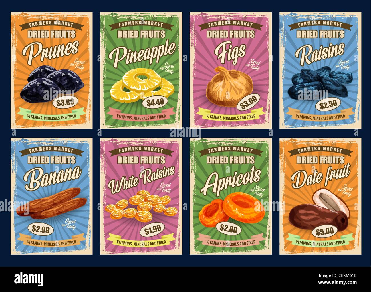 Exotic fruits, retro price cards. Vector prunes and pineapple slices ...