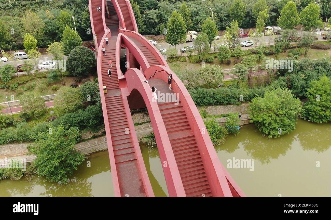 Aerial view of the Chinese knot-like bridge in Changsha city, central ...