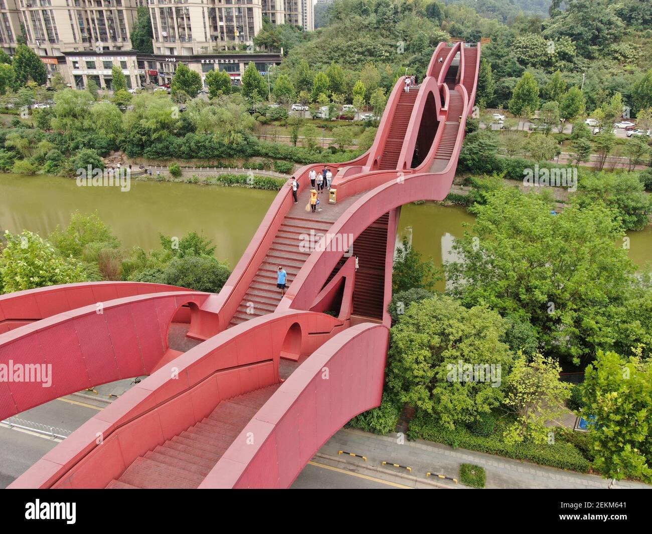 Aerial view of the Chinese knot-like bridge in Changsha city, central ...