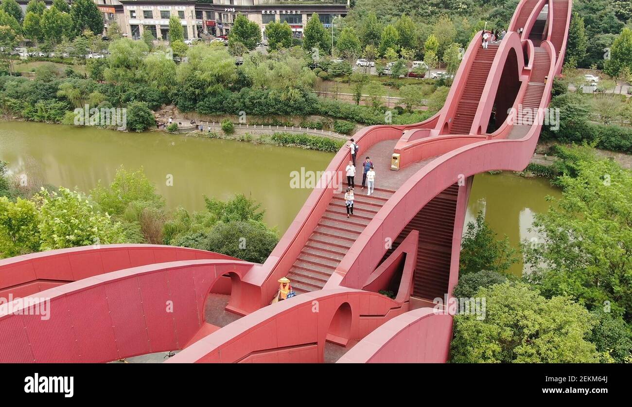 Aerial view of the Chinese knot-like bridge in Changsha city, central ...