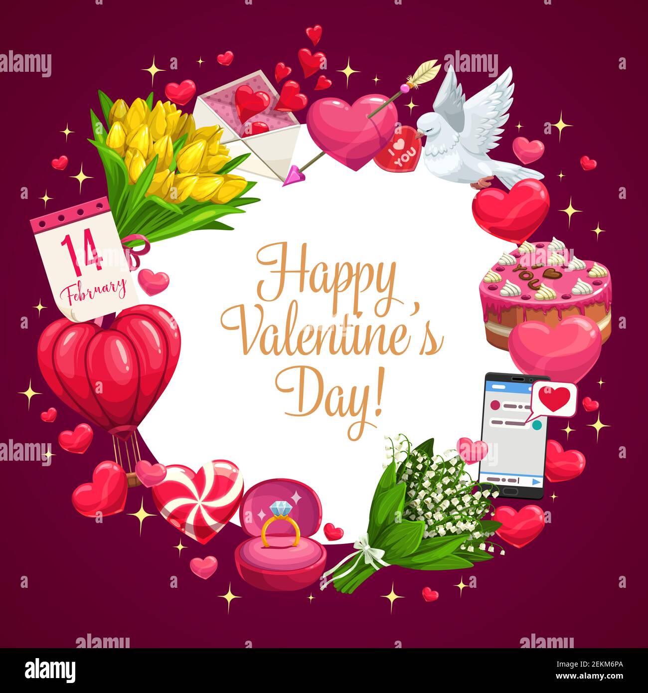 Romantic holiday gifts and hearts vector greeting card with Happy ...