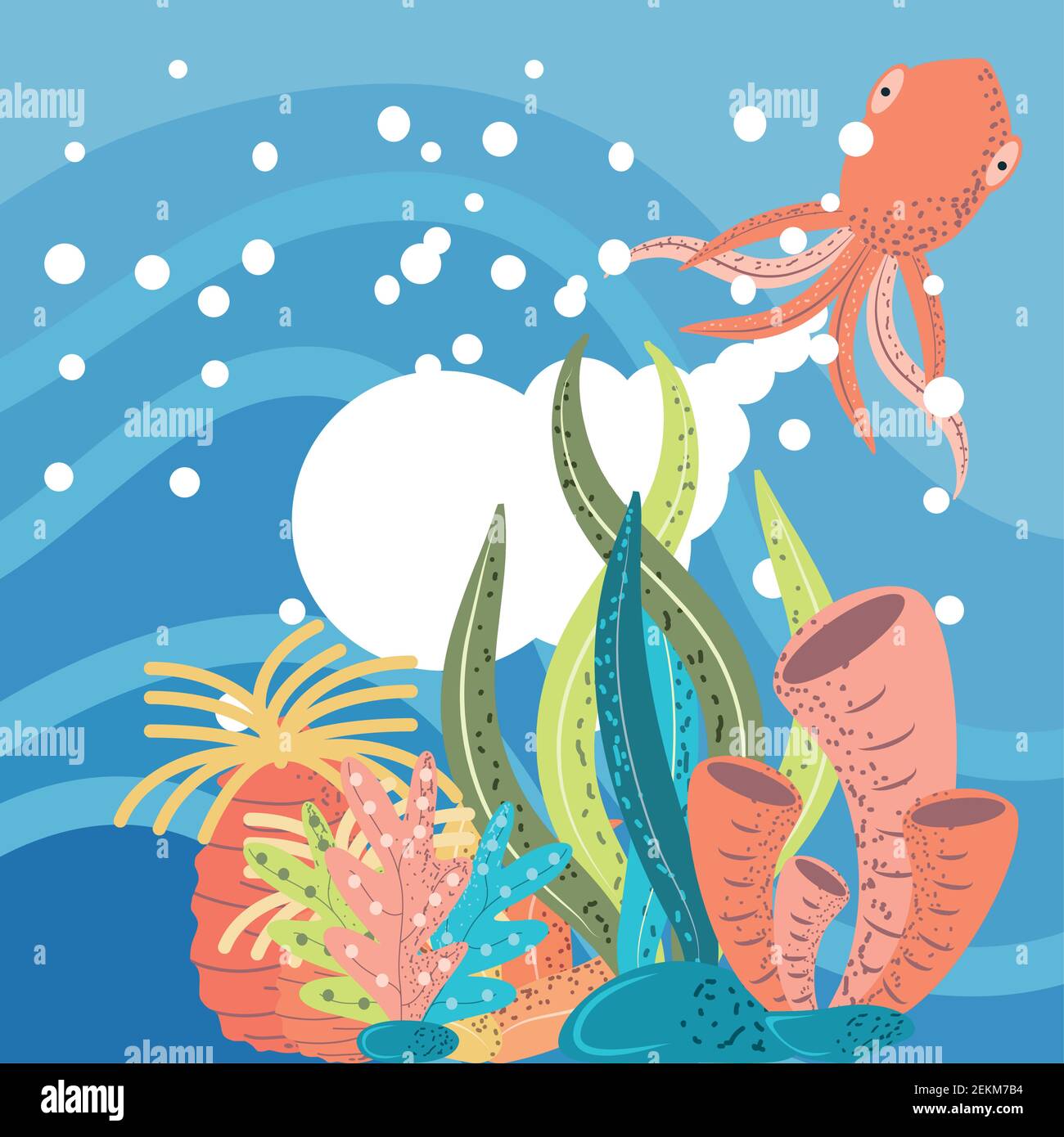 underwater world octopus swimming bubbles reef seaweeds and coral ...
