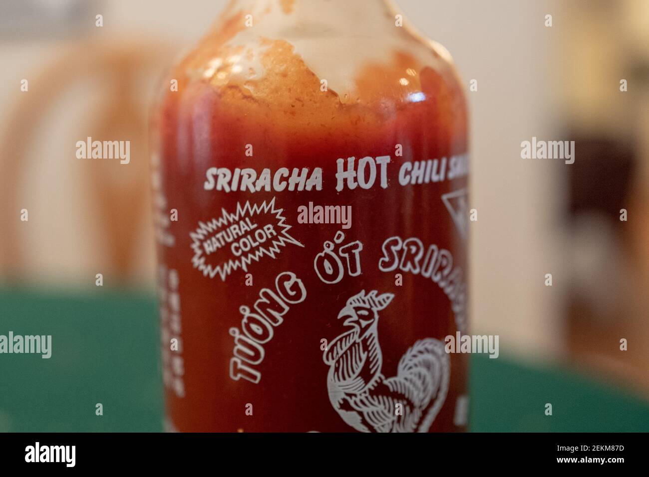 Close-up of bottle of Huy Fong Foods brand sriracha sauce, aka Rooster ...