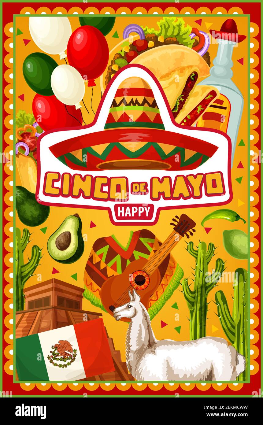 Happy Cinco de Mayo, Mexican holiday party celebration symbols. Vector ...