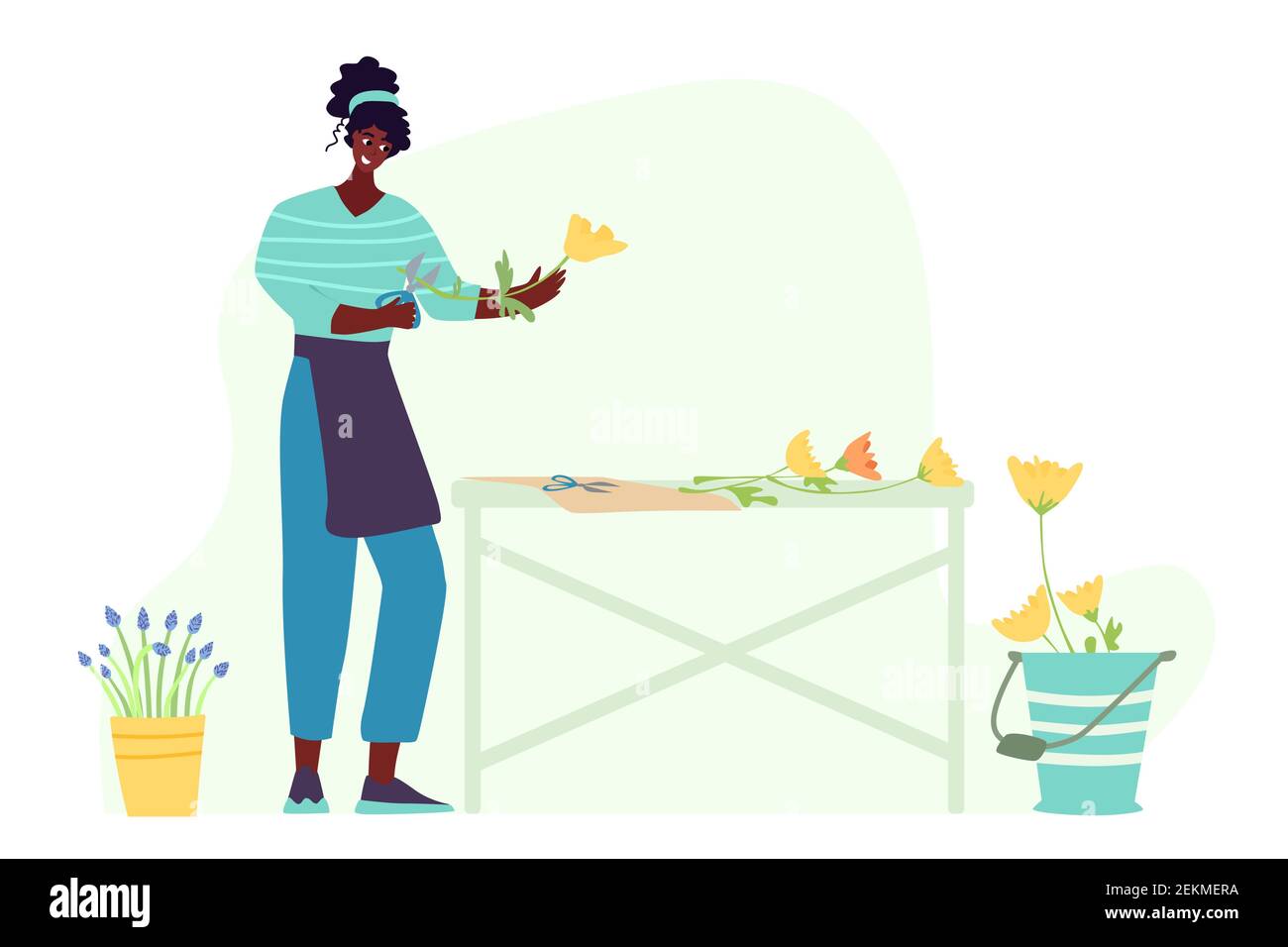 Woman compose bouquet on table. Forist shop or store. Floristry ...