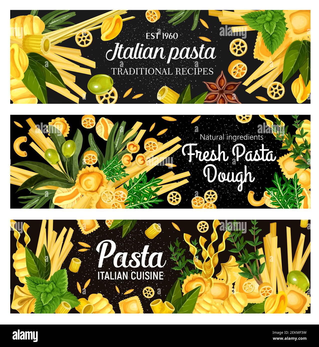 Italian pasta, vector on black. Spaghetti and ravioli, chifferi and ...