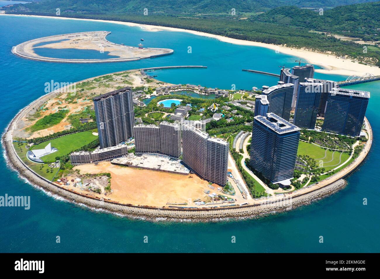 Aerial view of Riyue Bay, or Sun and Moon Bay, a popular surfing site ...
