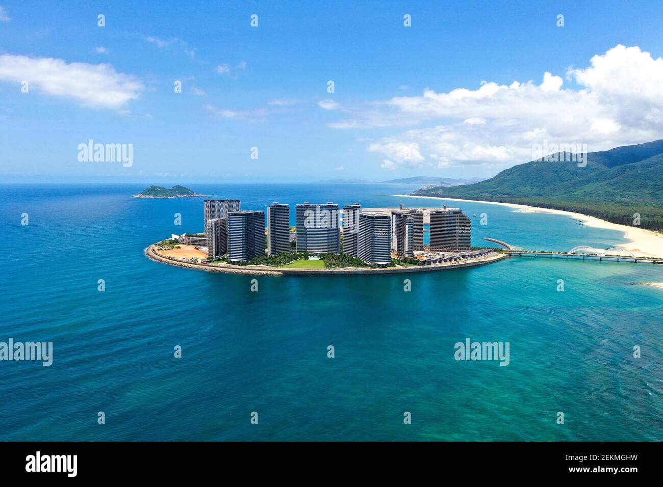 Aerial view of Riyue Bay, or Sun and Moon Bay, a popular surfing site ...