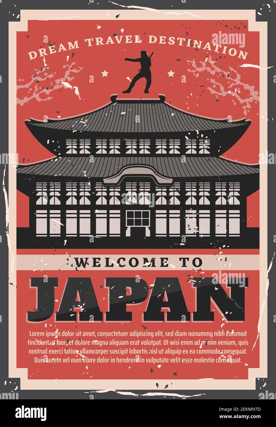 Welcome to Japan, ancient sacred pagoda building and ninja silhouette ...