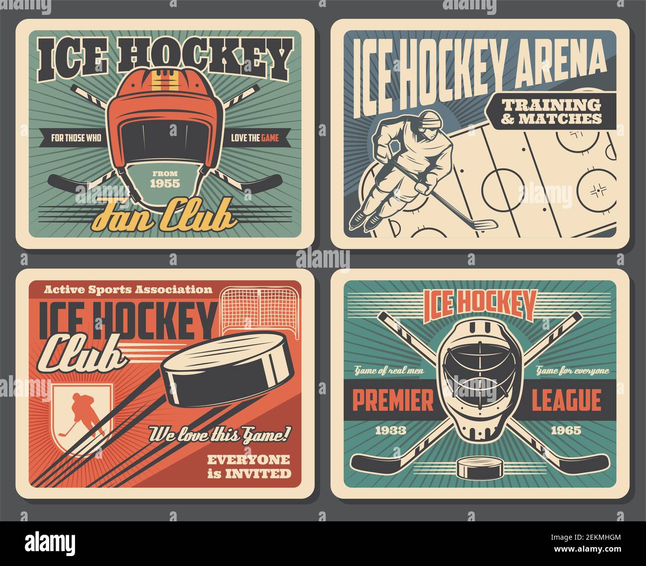 Ice hockey sport association and training equipment, retro style ...