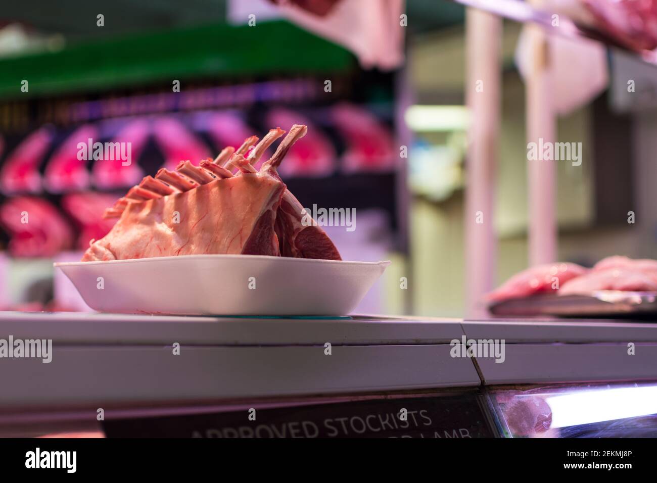 Meat rack on the counter of a butcher's shop Stock Photo - Alamy
