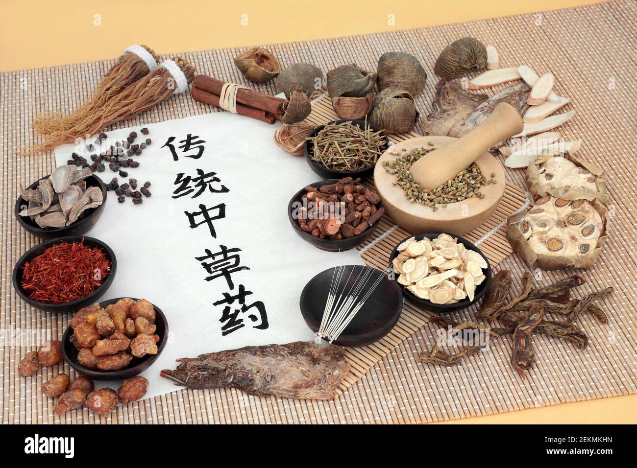 Chinese acupuncture needles with herbs & calligraphy script on rice ...