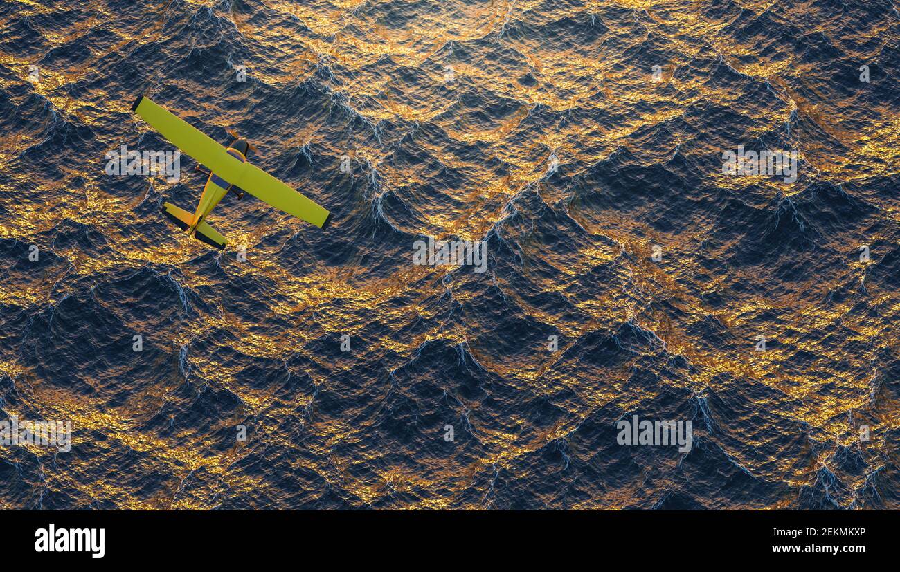 yellow plane flying over the ocean in an intense sunset. 3d render ...