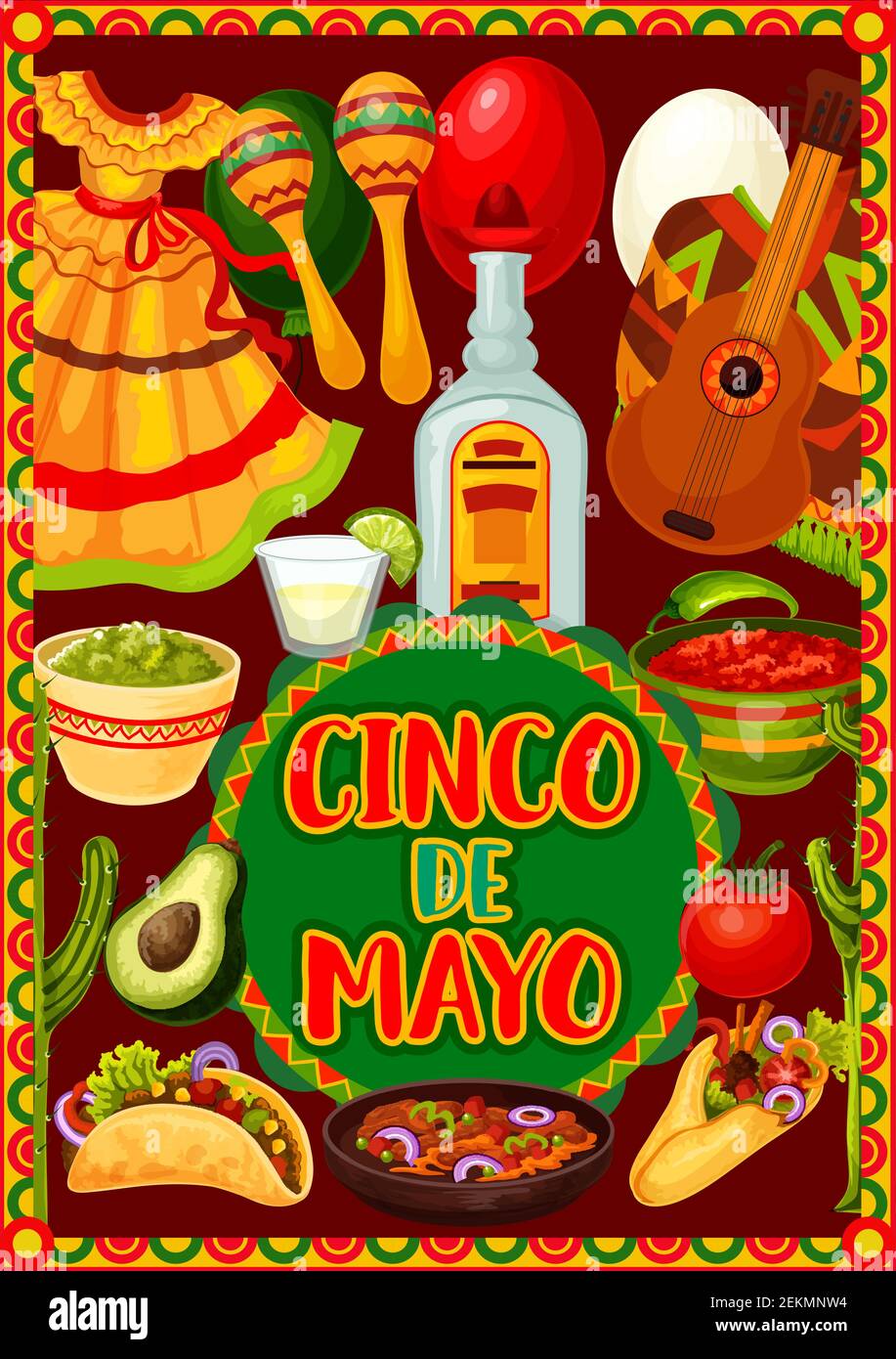 Mexican holiday guitar, maracas and cactus of Cinco de Mayo fiesta ...