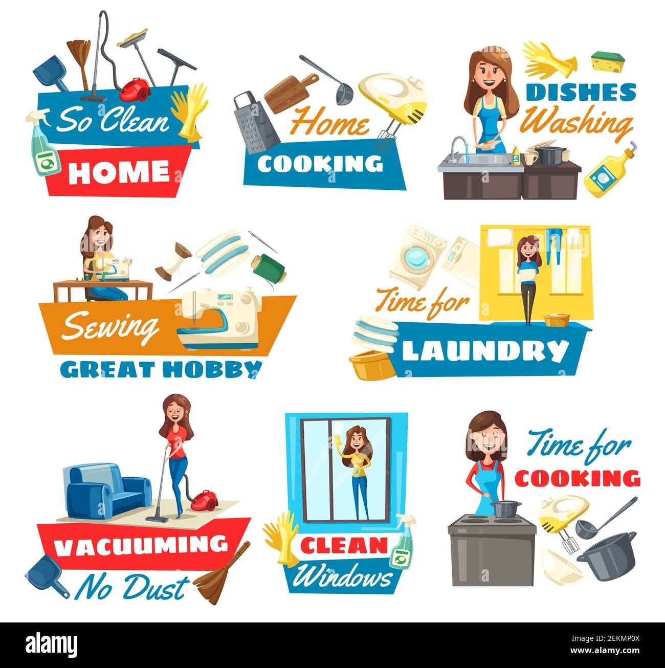 Cleaning, laundry, dish washing and cooking household service, vector ...