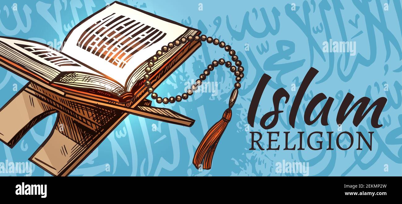 Islam religion Quran book and prayer beads with Arabic calligraphy ...