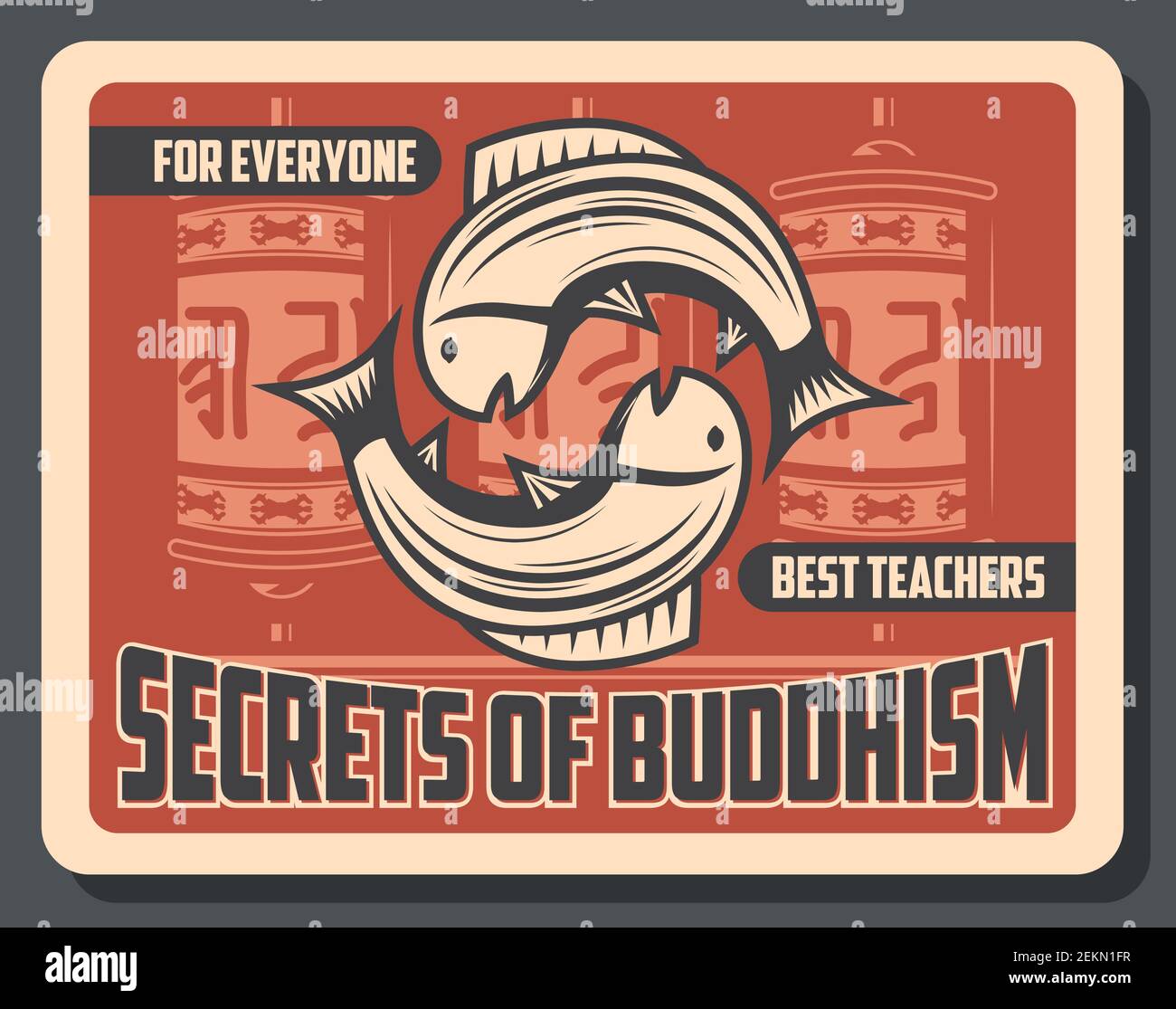 Buddhist prayer wheels and carp fish, symbols of Buddhism. Vector ...