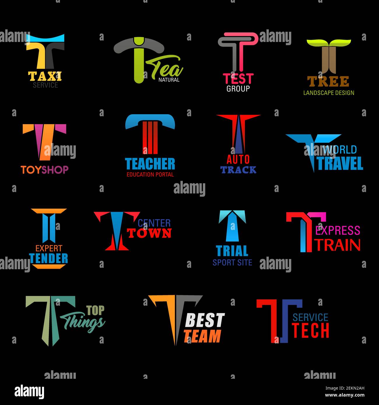 Letter T icons of taxi service, landscape design company and education ...