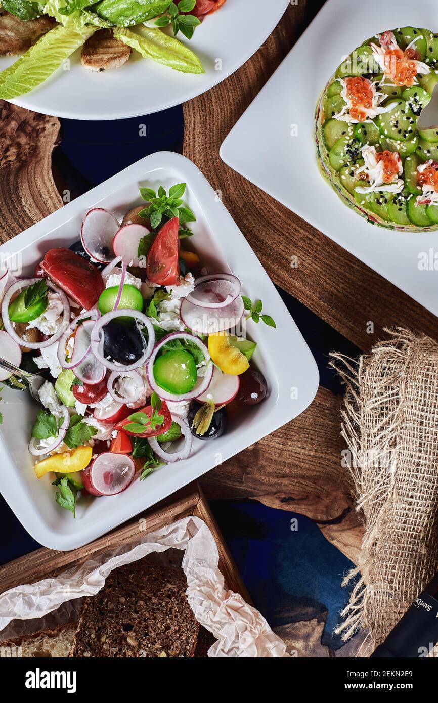 Classic Greek salad. Banquet festive dishes. Gourmet restaurant menu ...