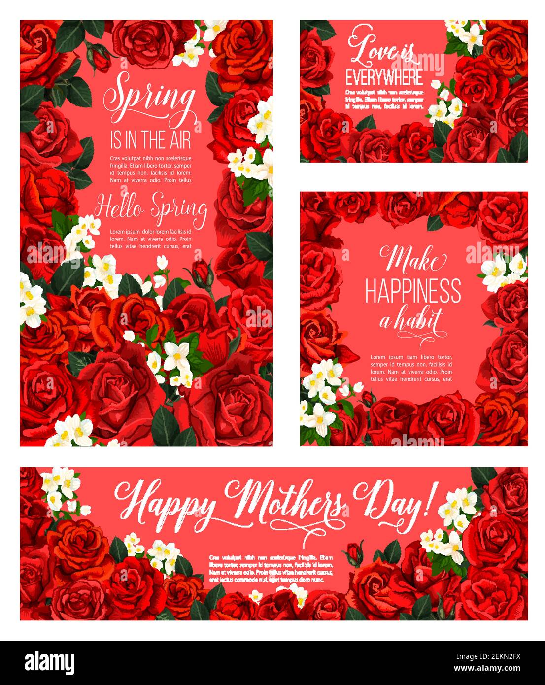 Spring rose flower greeting card for Mother Day holiday template. Red ...