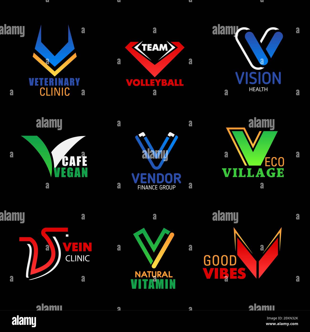V letter icons of veterinary clinic, volleyball sport club or ...