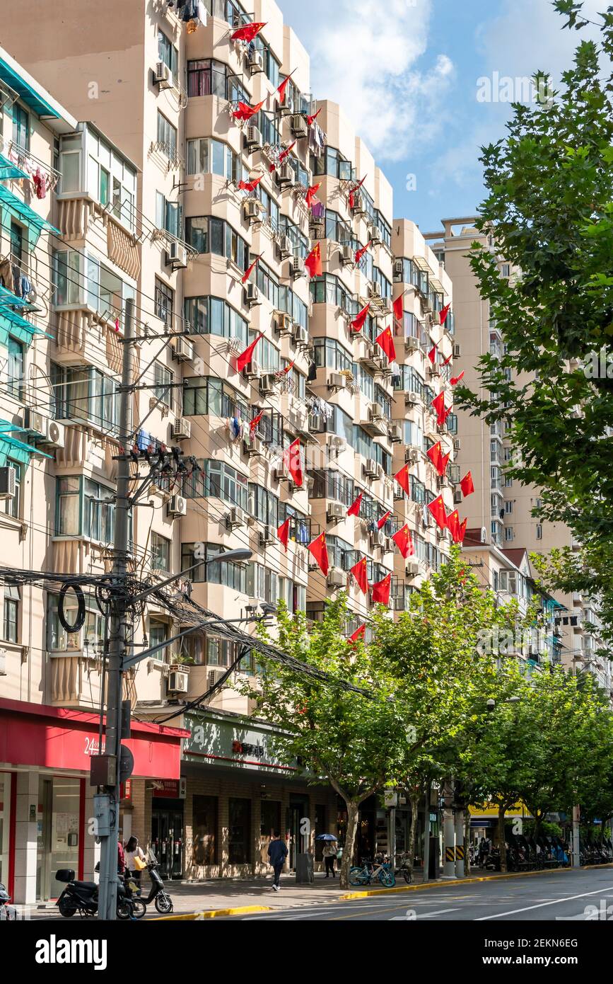 National flags are set up at residential aeras at Fuzhou Road in ...
