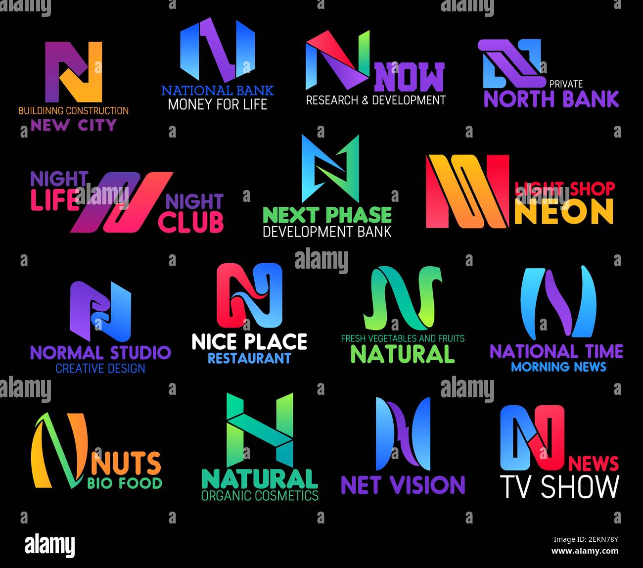 Corporate identity letter N icons of neon light shop, natural organic ...