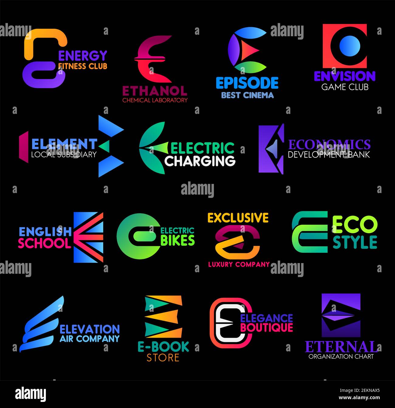 E letter, corporate icons and business company signs. Vector E icons of ...