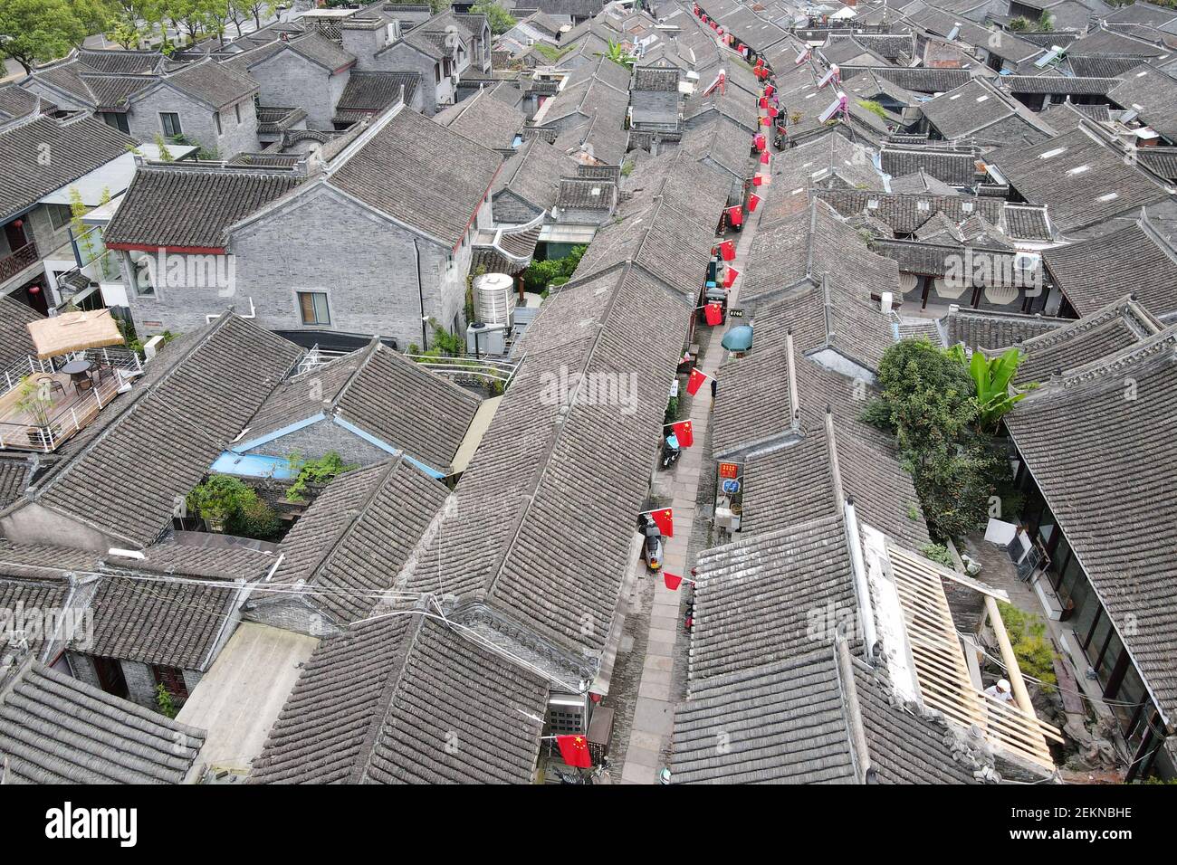 RUGAO, CHINA - SEPTEMBER 29, 2020 - Five star red flags are hoisted in ...