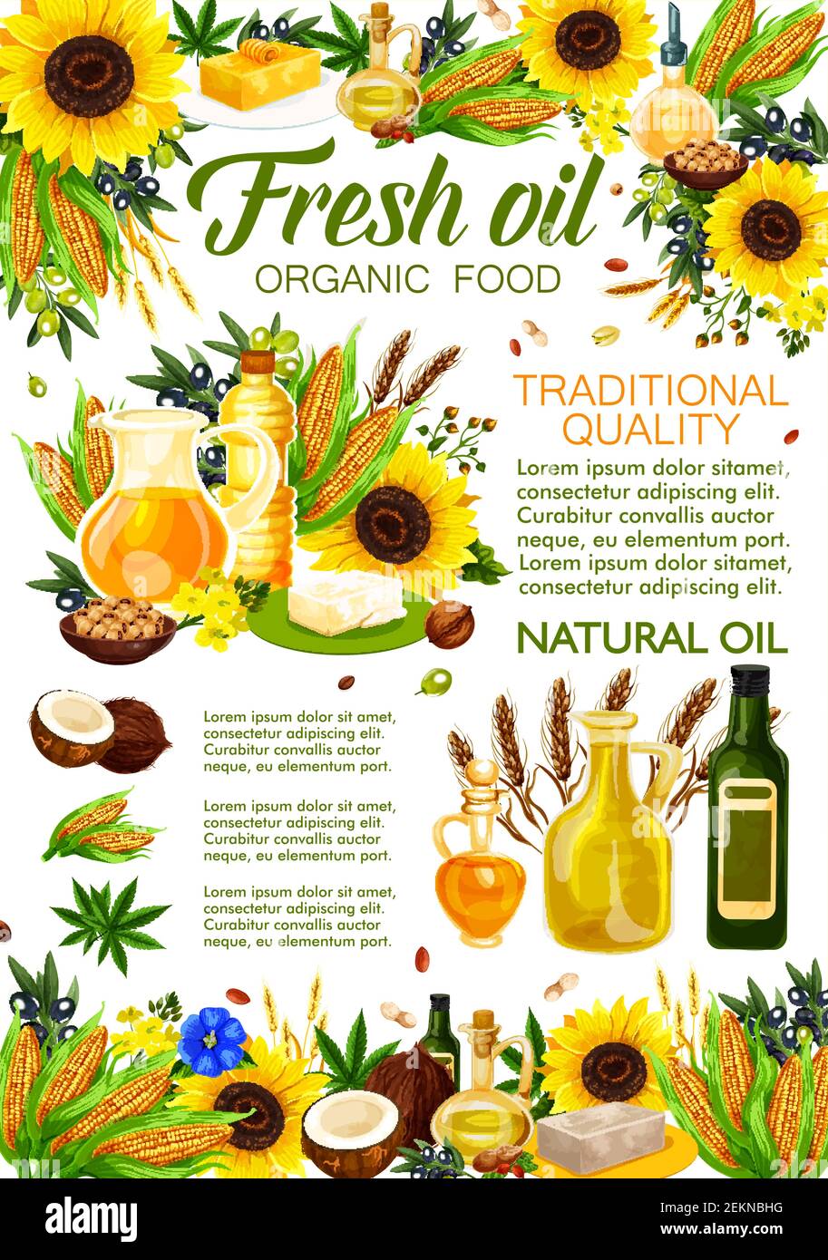 Natural cooking oils of sunflower, olive or vegetable plants and nuts ...