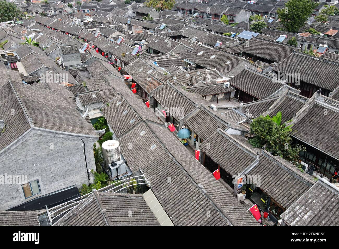 RUGAO, CHINA - SEPTEMBER 29, 2020 - Five star red flags are hoisted in ...