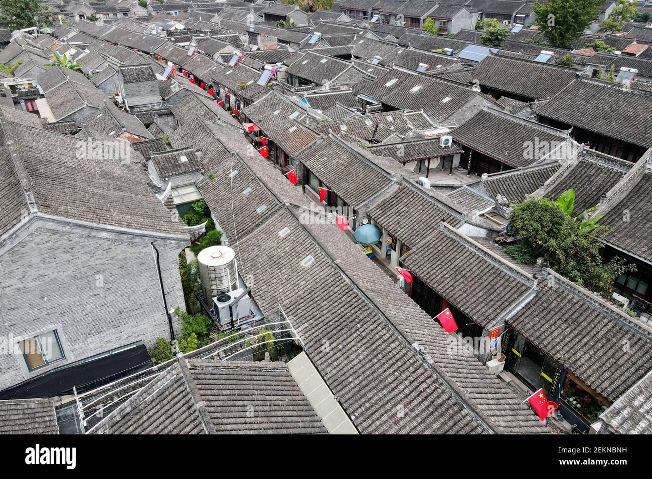 RUGAO, CHINA - SEPTEMBER 29, 2020 - Five star red flags are hoisted in ...