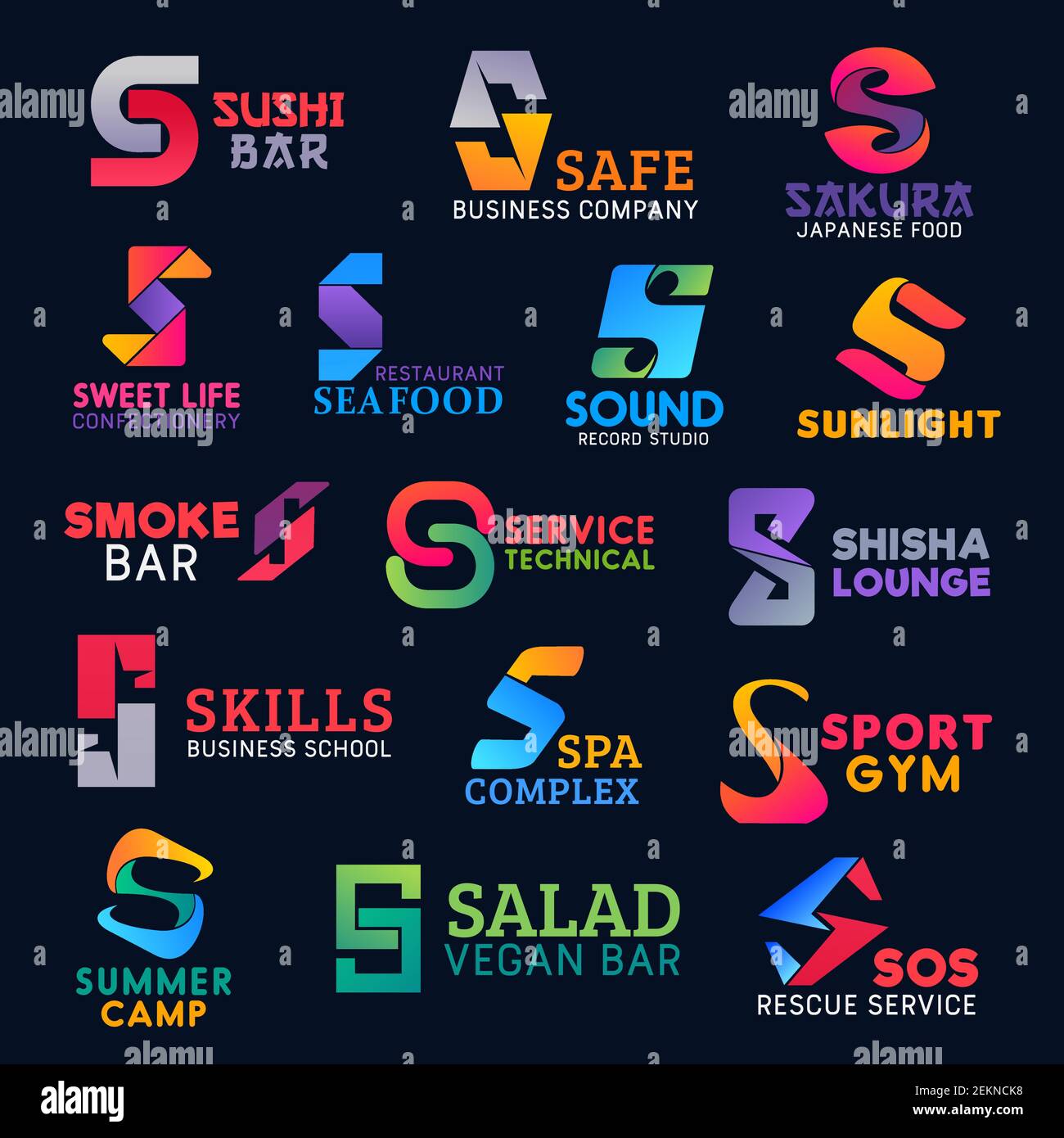 Letter S icons, Japanese sushi cuisine bar and vegan or seafood ...