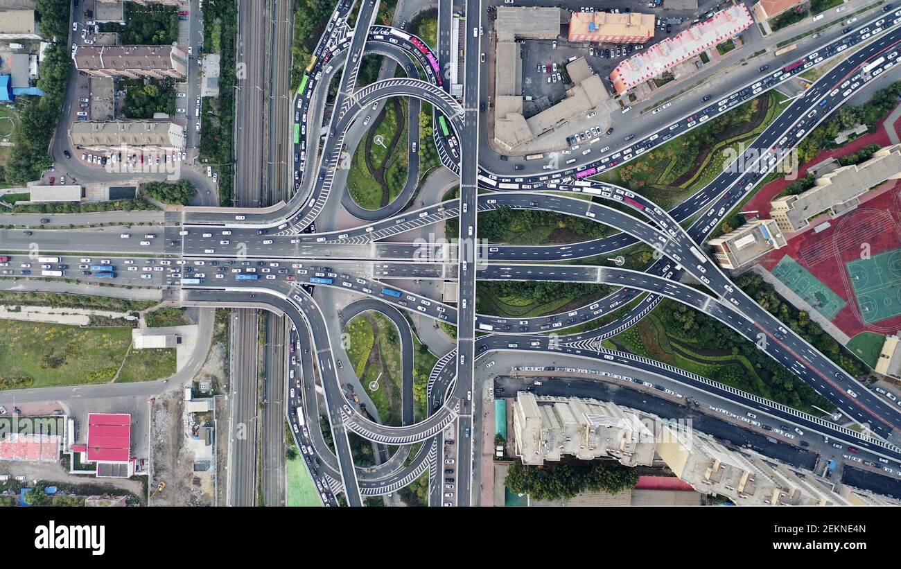 Aerial view of the traffic on Changchunxi Jiefang Overpass which is ...