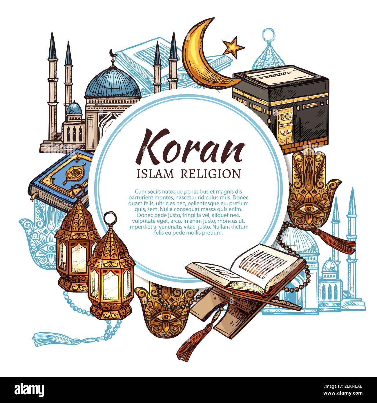 Islamic religious symbols and ritual objects, Koran holy book. Vector ...