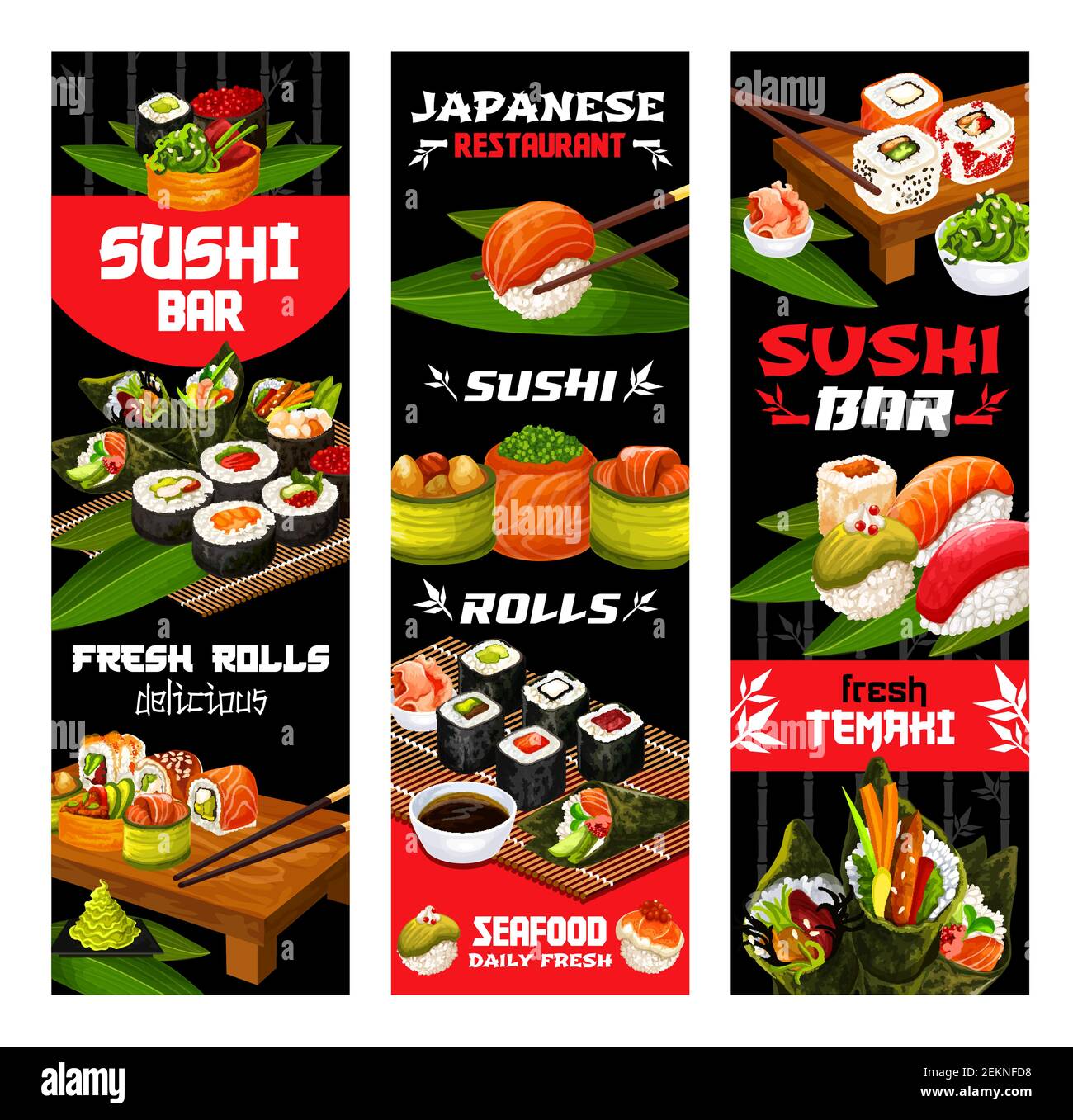 Sushi menu, Japanese cuisine food and restaurant banners. Vector fish ...