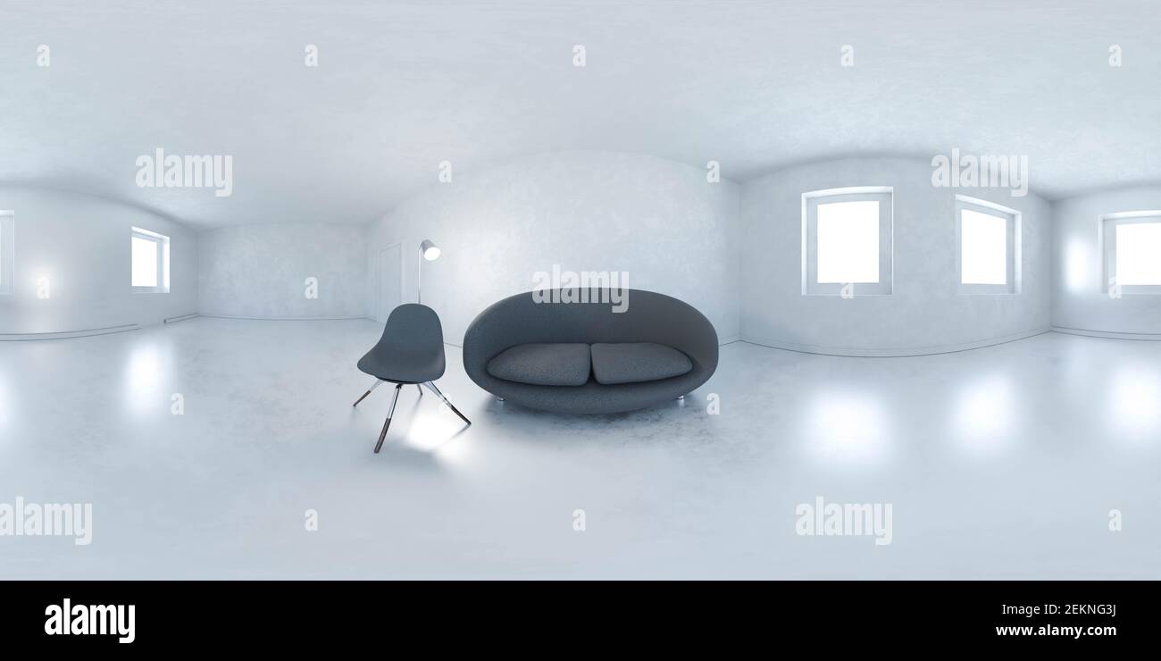 360 panorama view of modern minimalistic big living room interior with ...