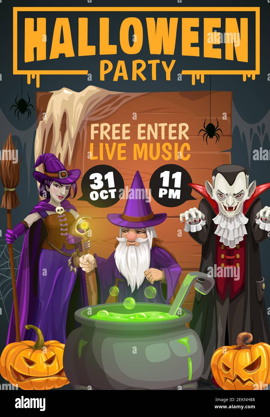 Halloween horror night witch, Dracula vampire and evil wizard with ...