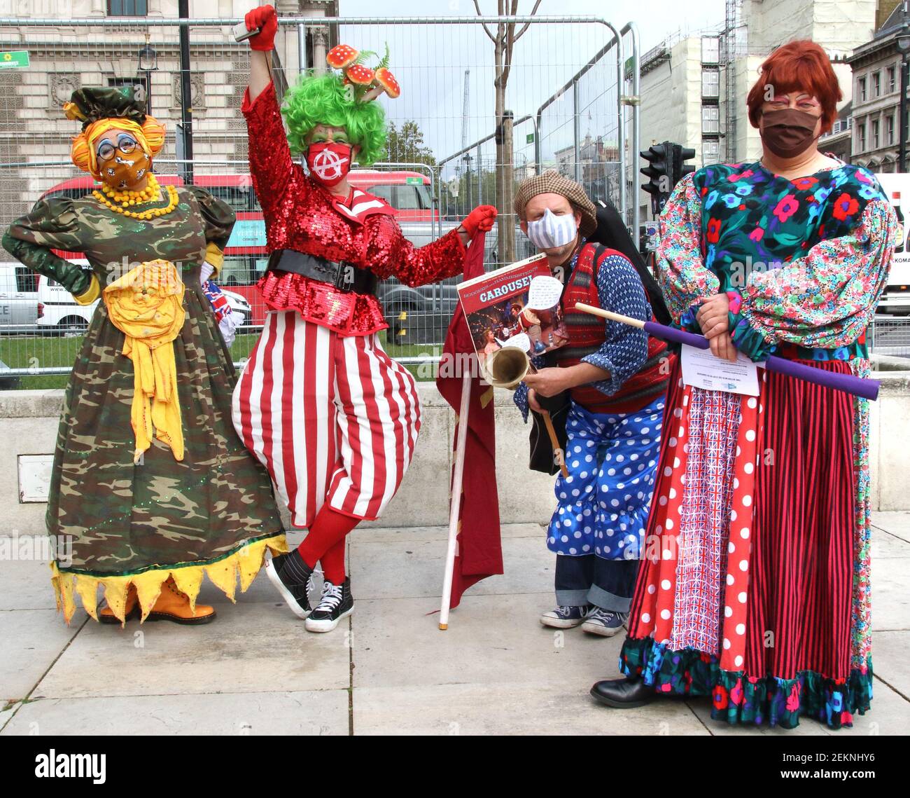 Pantomime Dames wearing face masks posing for the photos in Westminster ...