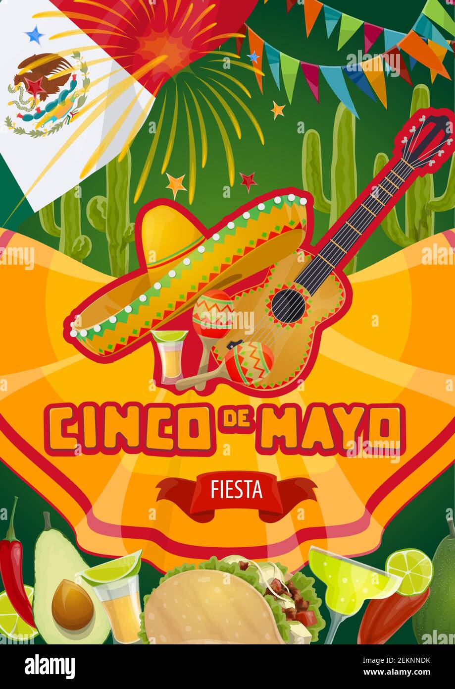 Cinco de Mayo Mexican fiesta celebration flags and fireworks. Vector ...