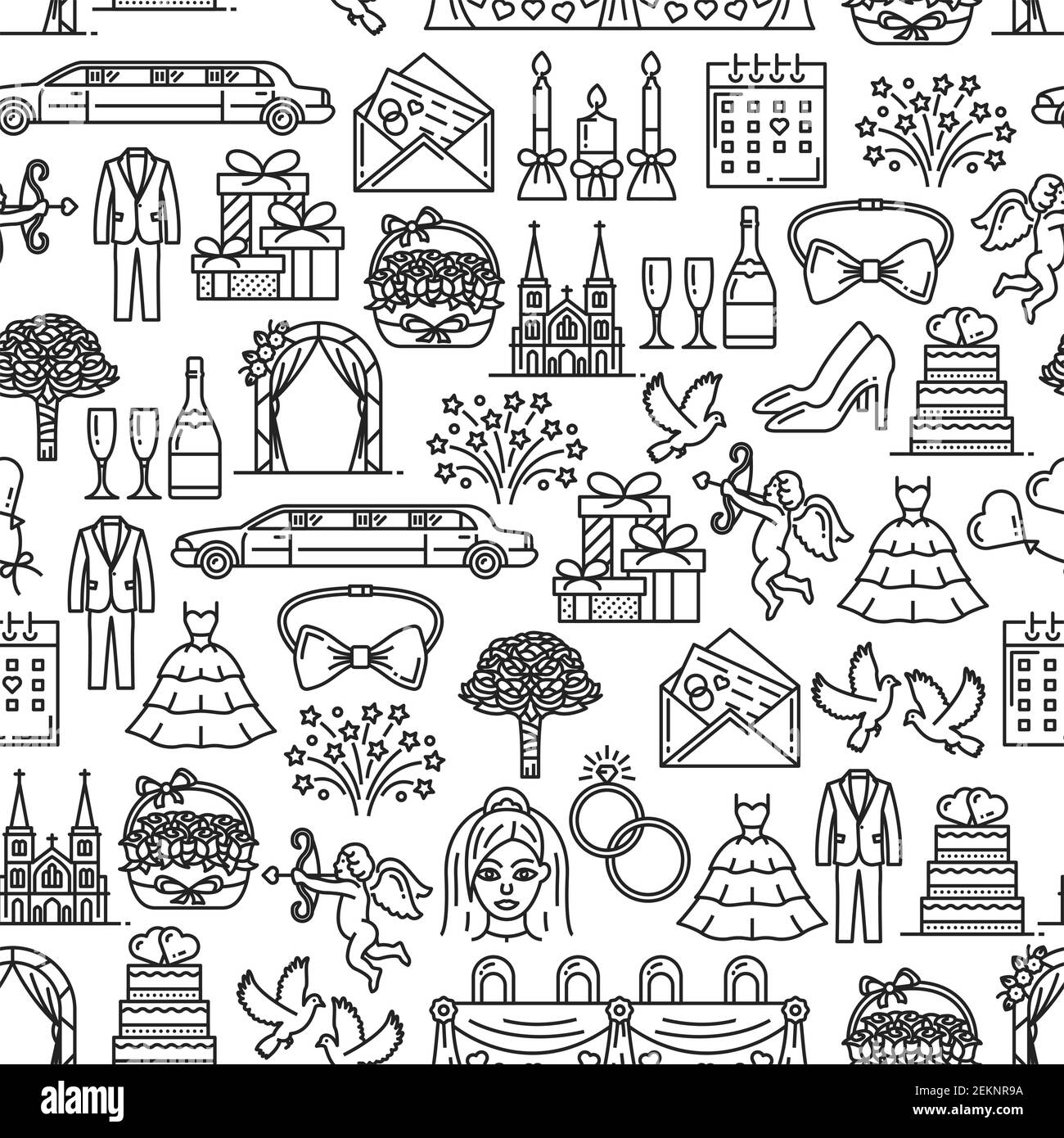 Wedding and marriage seamless pattern. Vector bride and groom couple ...