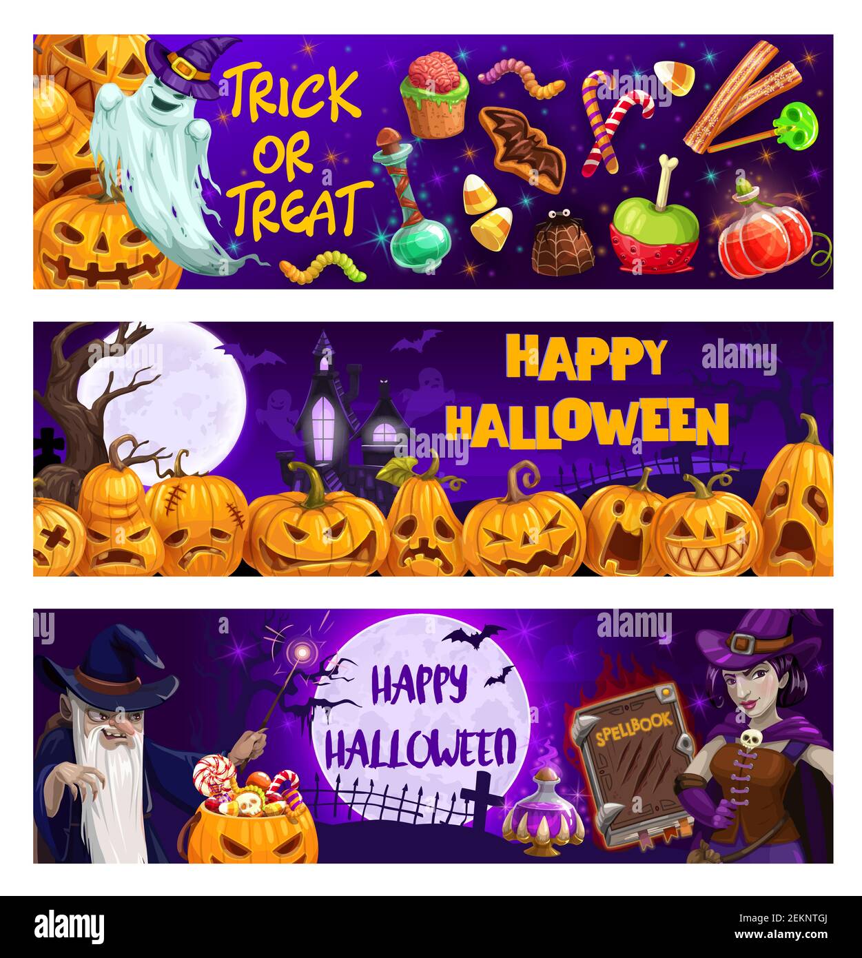 Halloween pumpkins, trick or treat sweets and spooky ghosts vector ...