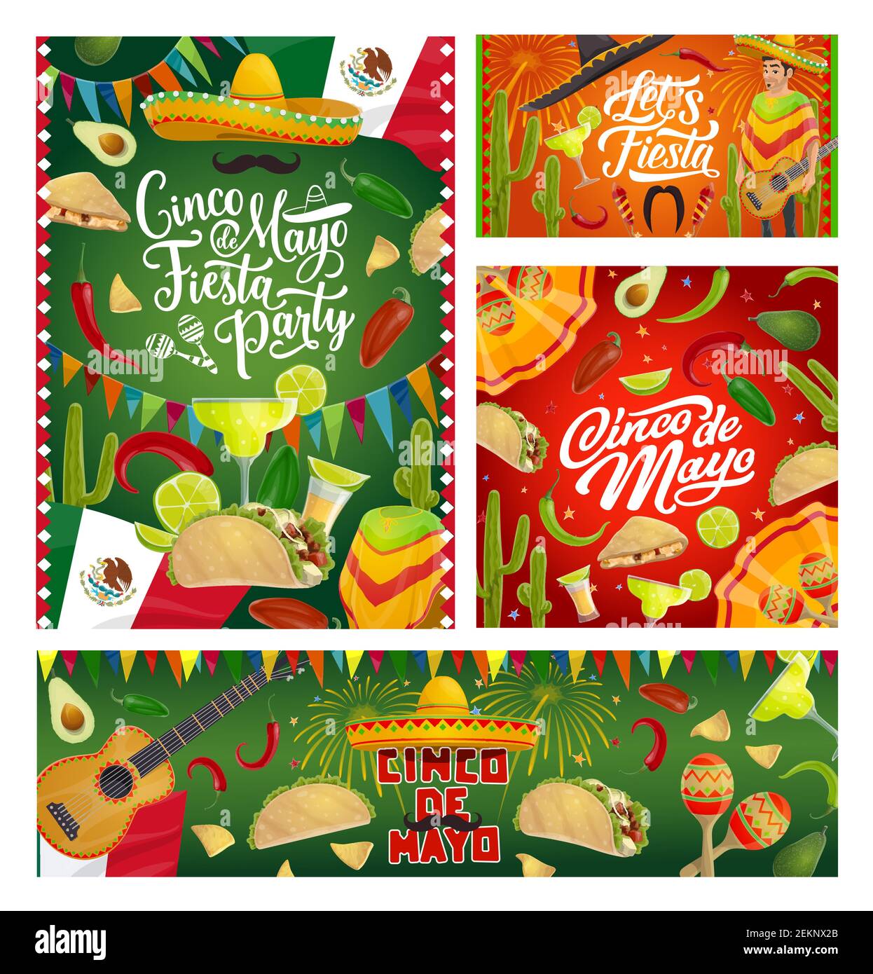 Cinco de Mayo fiesta party sombreros, guitars and maracas, Mexican ...