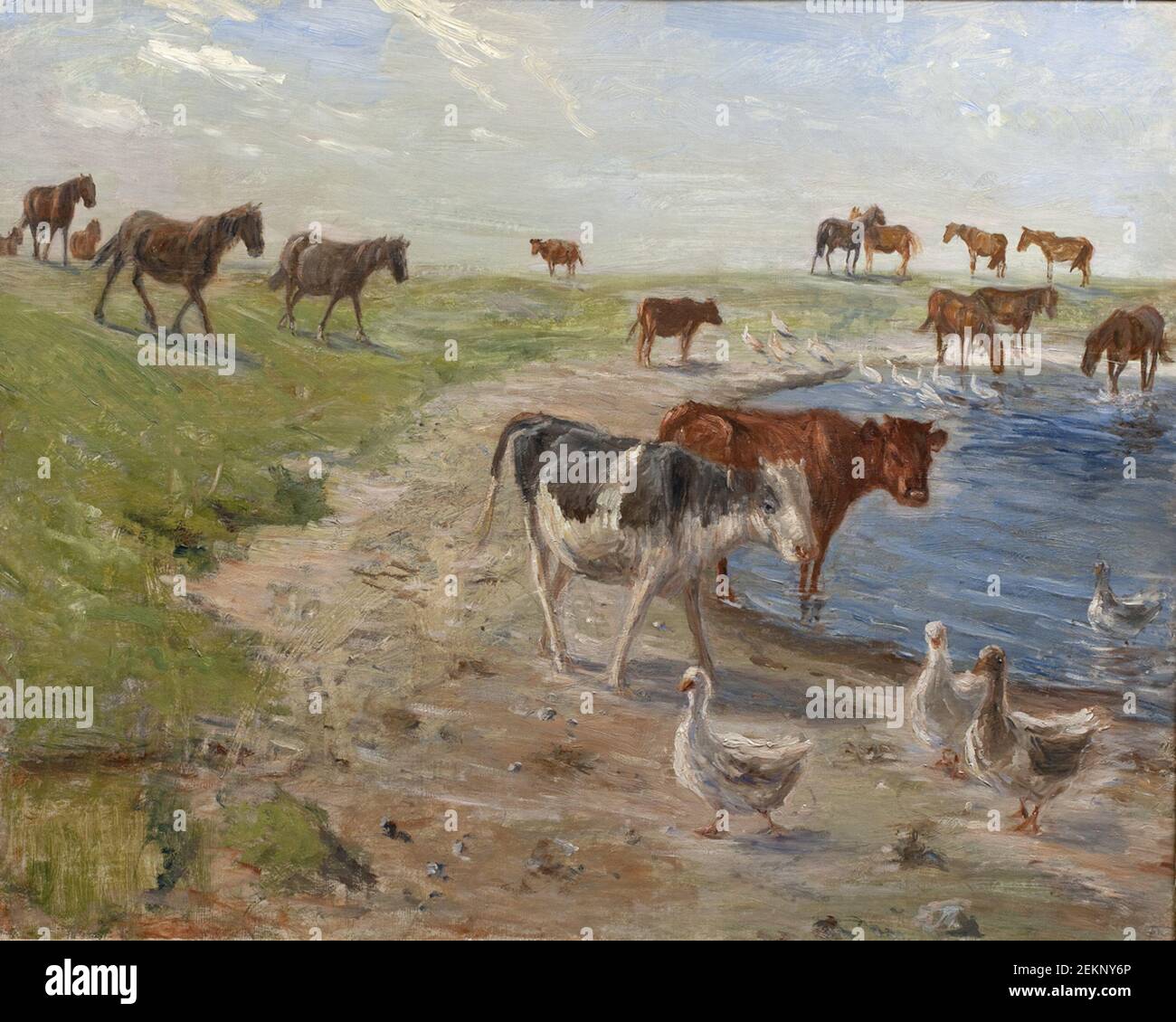 Theodor Philipsen (1840-1920), calves and gaes at a water hole ...