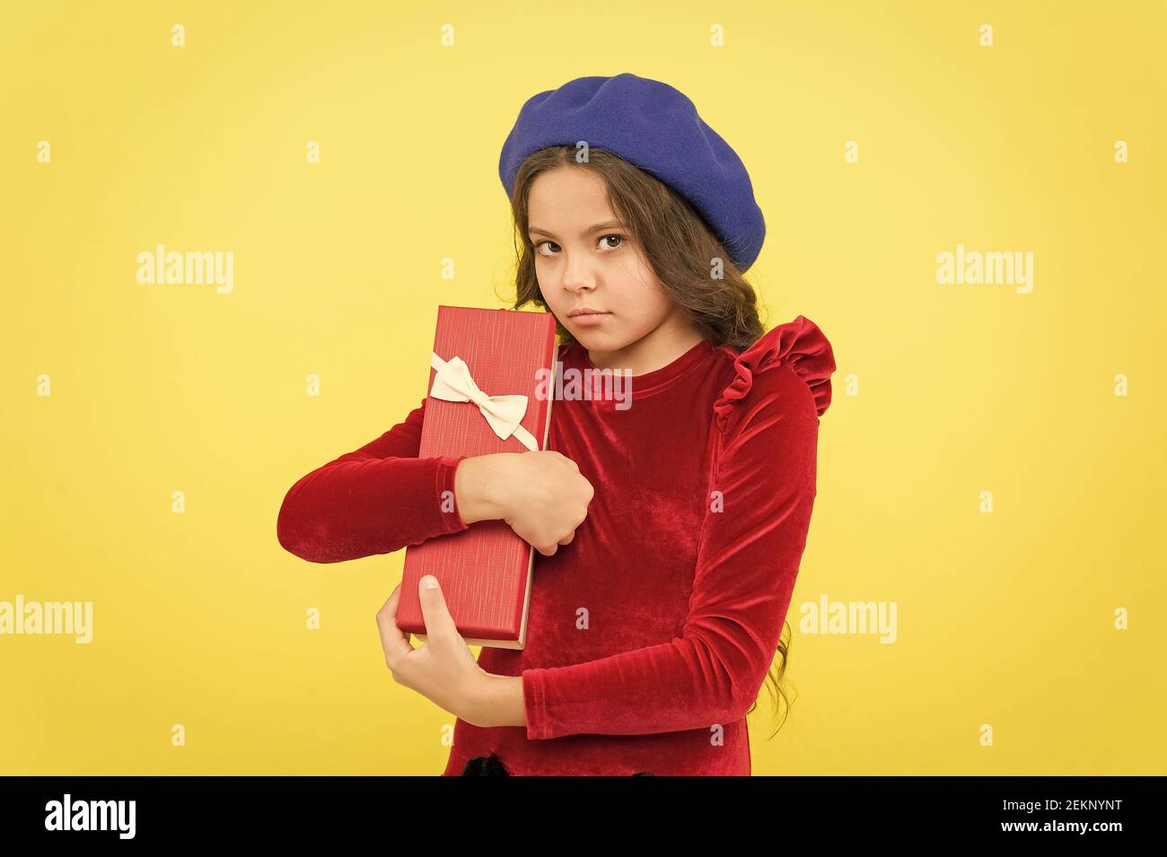 greedy girl hold gift box purchase after successful shopping sale ...