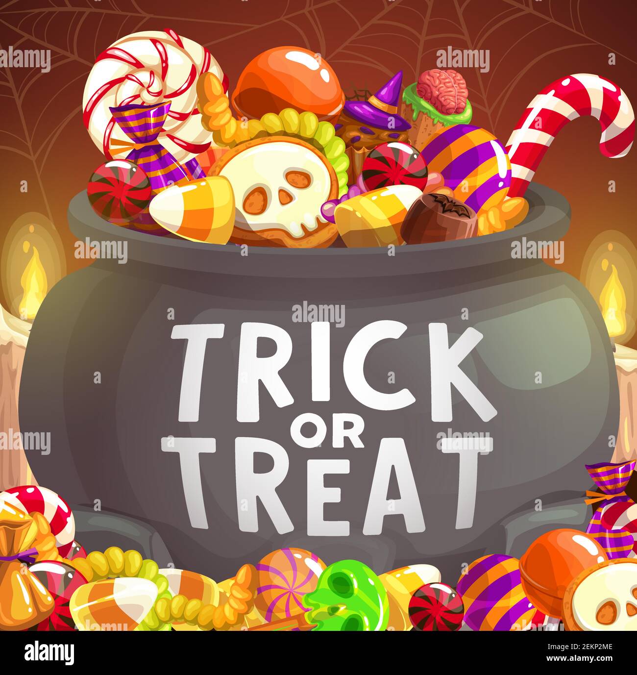 Halloween candies in witch cauldron, trick or treat vector design ...