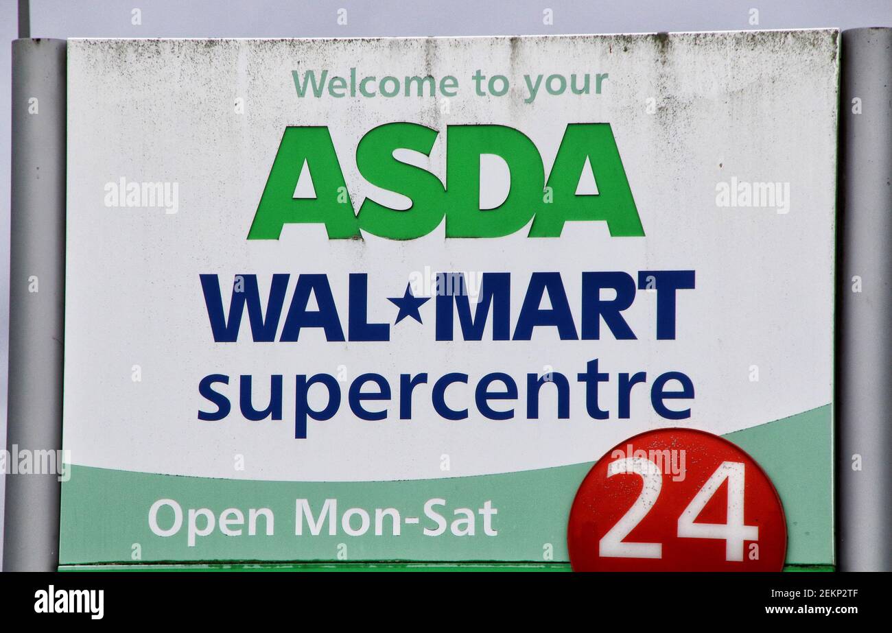 Asda Walmart logo seen on a welcome board in one of their of one super ...