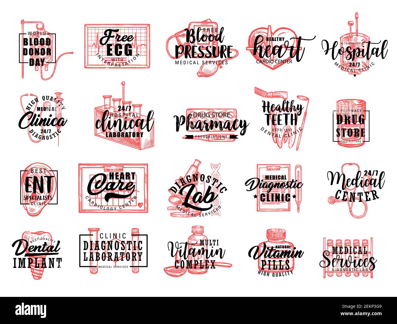 Medicine lettering icons of hospital clinic, diagnostic laboratory and ...