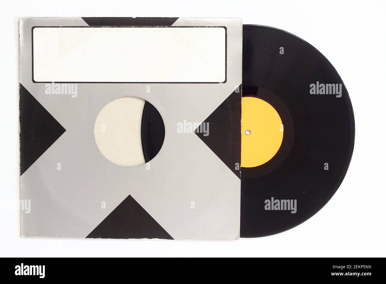 Aged black paper cover and vinyl LP record isolated on white background ...